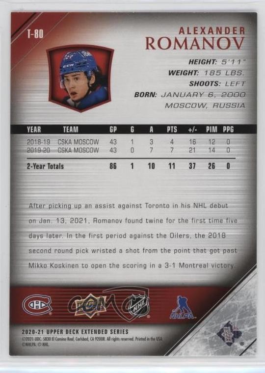 2020 Extended Series 2005-06 Upper Deck Tribute Alexander Romanov Rookie RC e0k | eBay