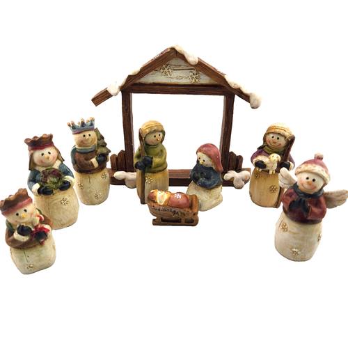 Snowman Nativity Set 2-3" Resin Faith Hope Blessed Peace Joy 9 Pc ...