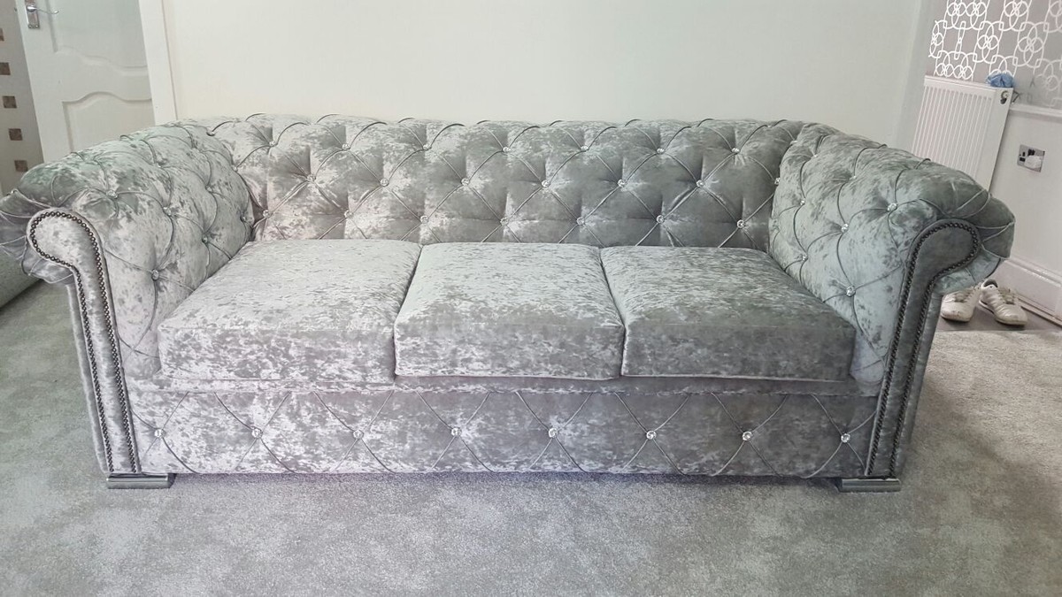 Silver Crushed Velvet Chesterfield Corner Sofa | Cabinets Matttroy