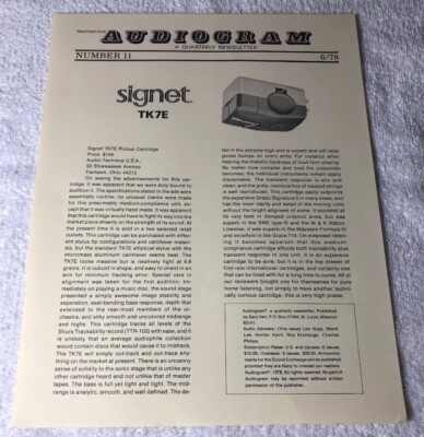 SIGNET AUDIO TECHNICA TK7E CARTRIDGE AUDIOGRAM ORIGINAL LEAFLET AD ...