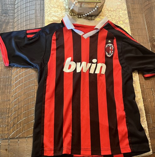 AC Milan ACM Bwin Soccer Jersey Youth Large Red Black Stripe Retro ...