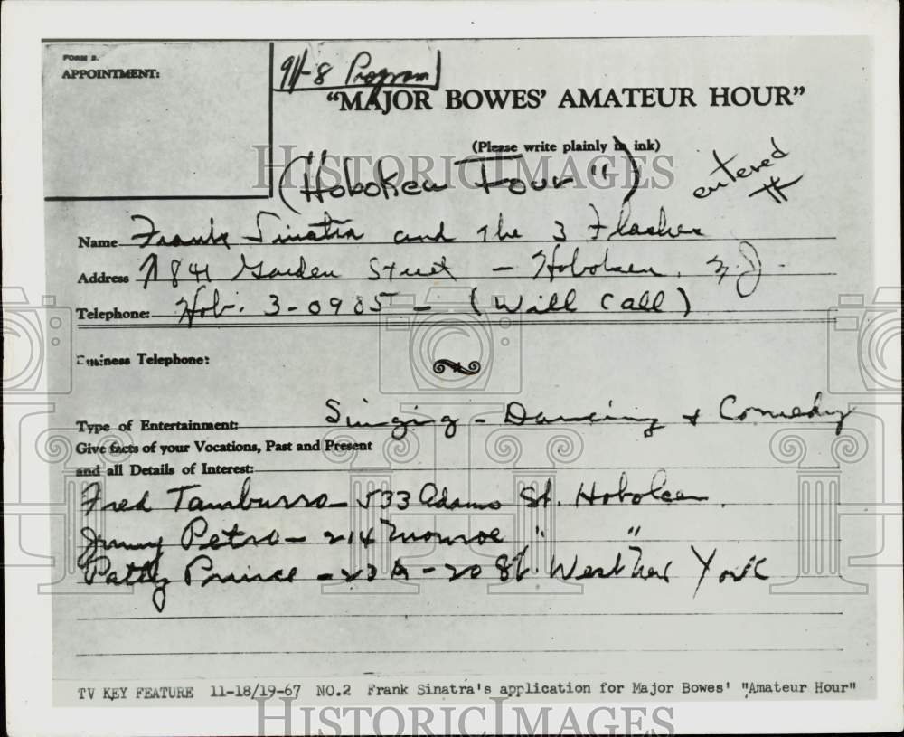 1967 Press Photo Frank Sinatra's application for Major Bowes' "Amateur ...