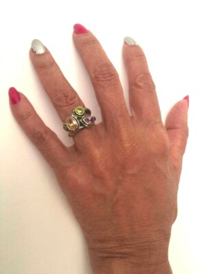 .925 STERLING SILVER PLATED RING WITH WITH 3 MULTI COLORED CZ STONES J ...