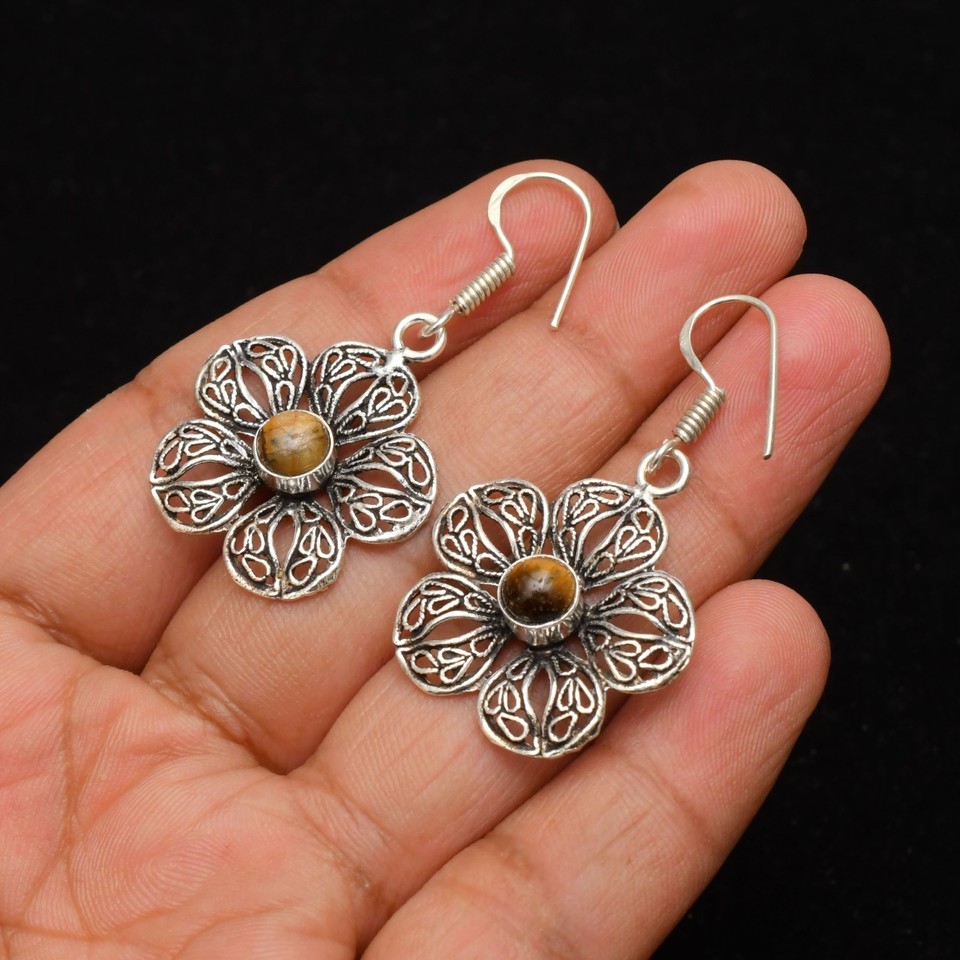 Tiger Eye's Gemstone925 Sterling Silver Jewelry Earrings 1.77" | eBay UK