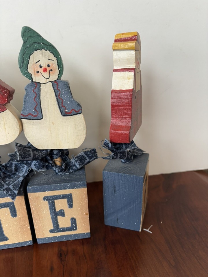 WINTER 6 Piece Primitive Folk Art Wood Snowman Block Set Spell Out ...
