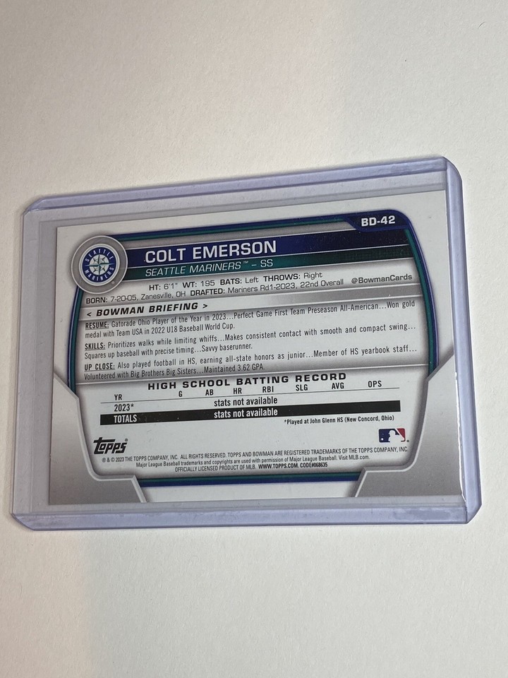 Colt Emerson 2023 Bowman Draft 1st Paper #BD42 Seattle Mariners | eBay