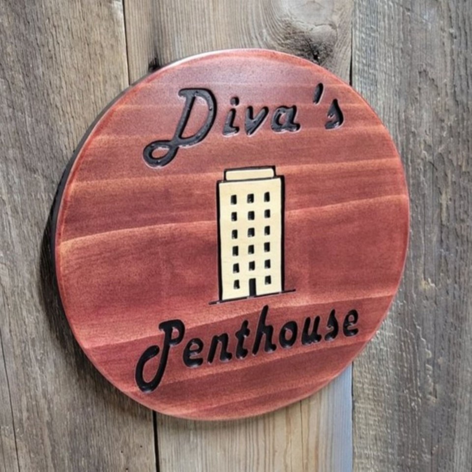 Gay Pride Diva's Penthouse Carved Wooden Sign Front Door Fireplace ...