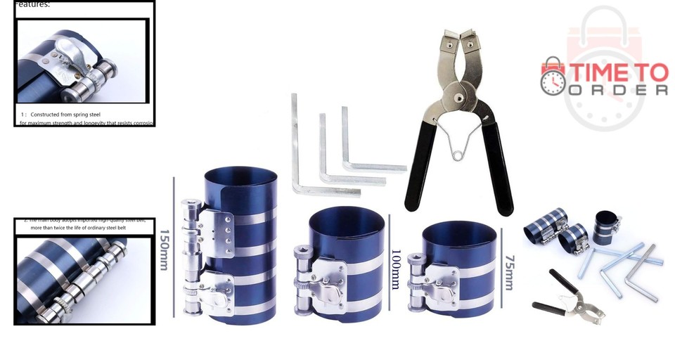 Piston Ring Compressor Set Alloy Steel Rubber Engine Rebuild Tool Kit ...