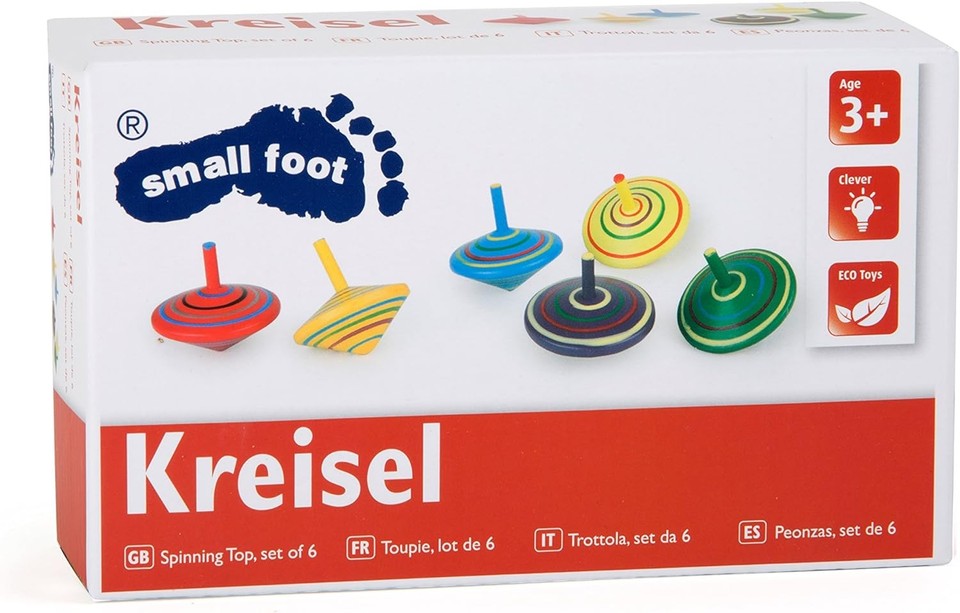 smalll foot Toy spinning top made of wood, set of 6 with colourful ...