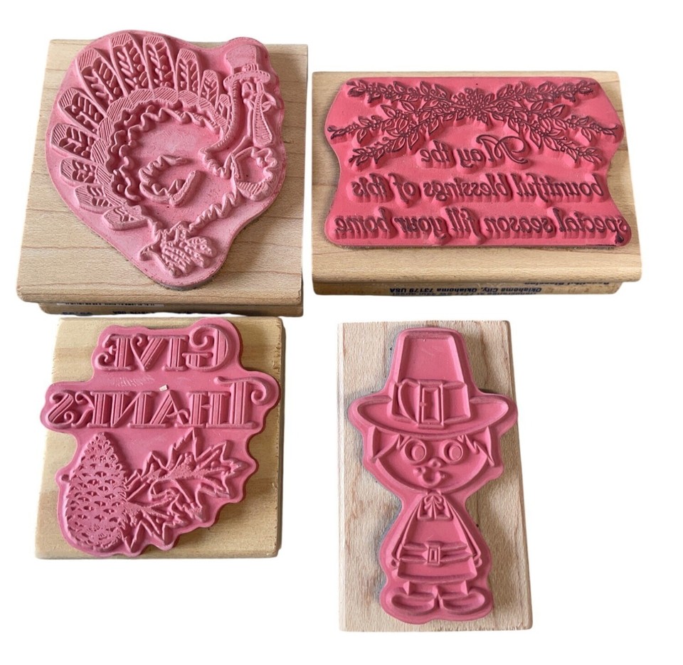 Thanksgiving Themed Wood Rubber Stamps Set Turkey Pilgrim Give Thanks ...