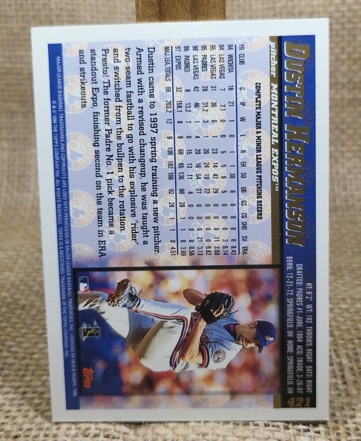 1998 Topps Dustin Hermanson Baseball Card #421 Montreal Expos FREE S&H ...