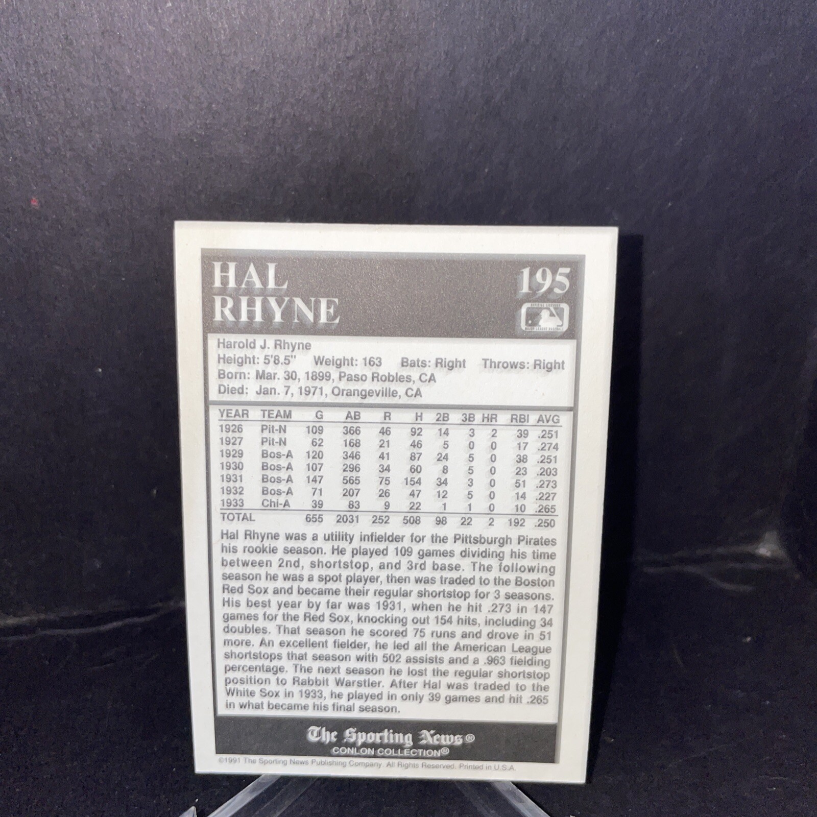 1991 CONLON COLLECTION TSN - HAL RHYNE #195 BOSTON RED SOX | eBay