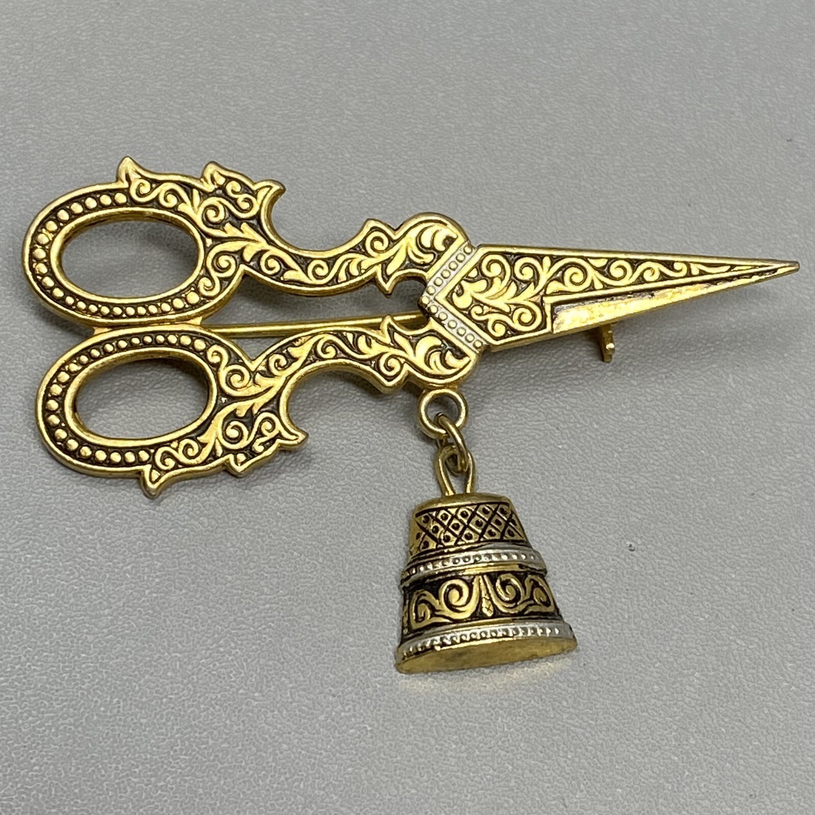 VTG Damascene Brooch Gold Tone Oxidized Scissors Thimble Charm Sewing ...