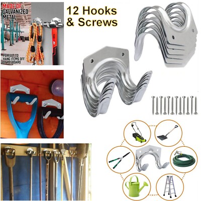 12 Galvanized Hooks Set Garage Garden Shed Wall Hanging Tools Storage ...