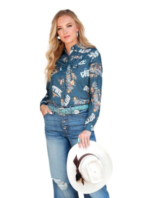 Cruel Girl Western Shirt Women L/S Cowboy Print Snap M Blue CTW7343009 ...