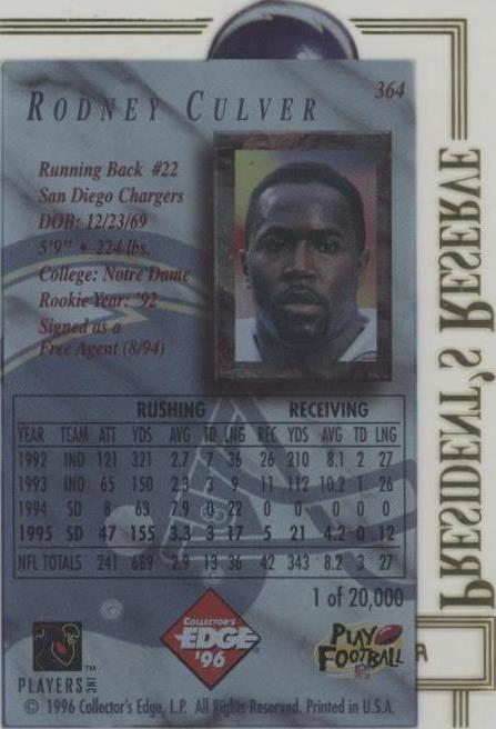 1996 Collector's Edge President's Reserve Rodney Culver #364 for sale ...