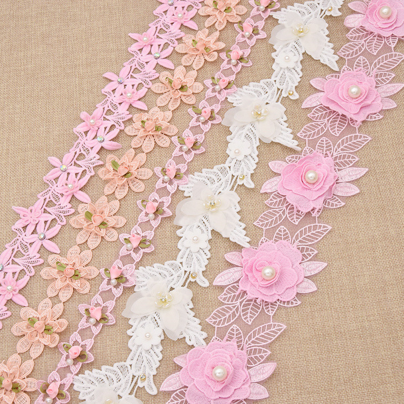 Flower Lace Pearl Trim Sewing Applique Fabric Embroidery Wedding Bridal ...