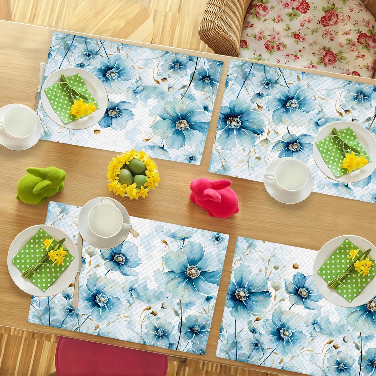 Flower Placemats Set of 6 Blue Flower Table Mats Floral Place Mats ...