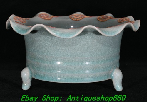 7.4''Old Song Dynasty Ru Kiln Porcelain Gilt Kirin 3 Leg Incense Burner ...