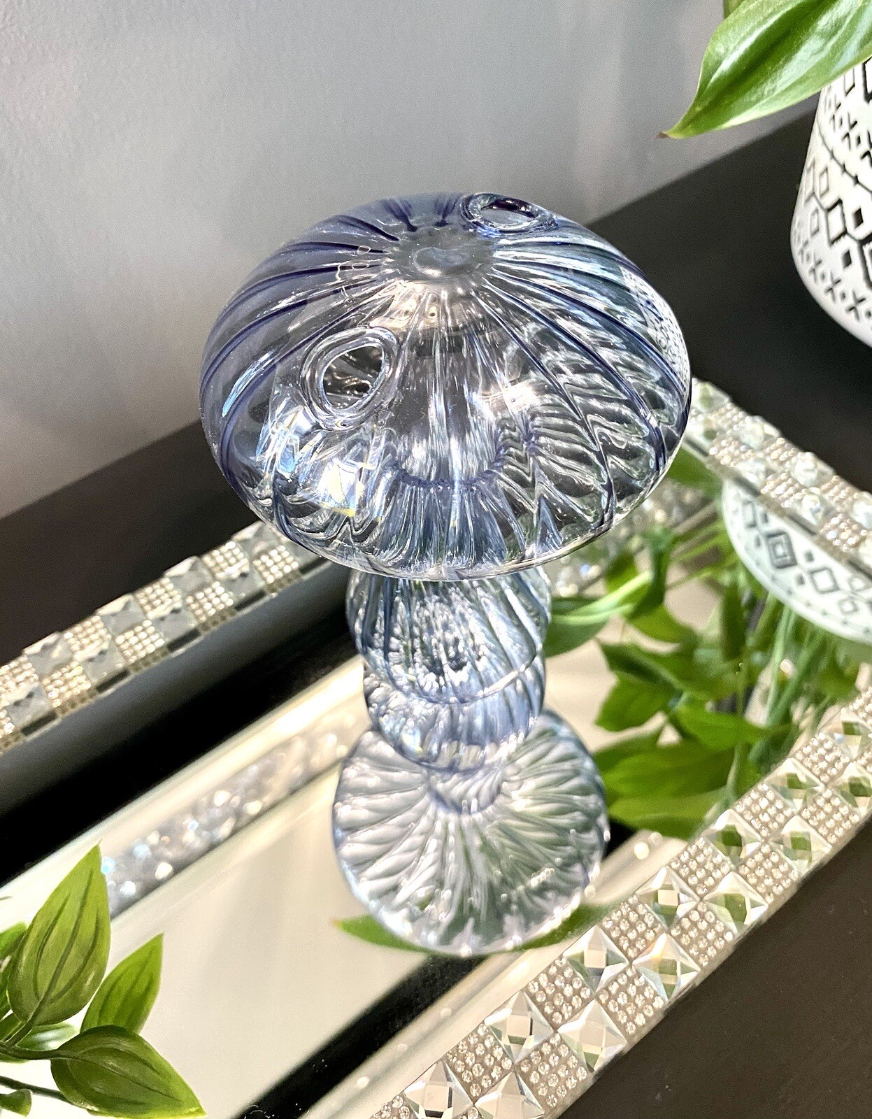 BLUE GLASS MUSHROOM BUD VASE ORNAMENT, BOHO, HIPPIE, HOME DECOR, PLANT ...