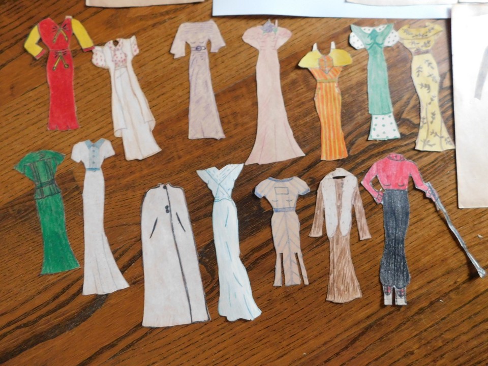 Lot of Hand Drawn Crayon Colored Ladies Paper Doll Clothing Outfits ...