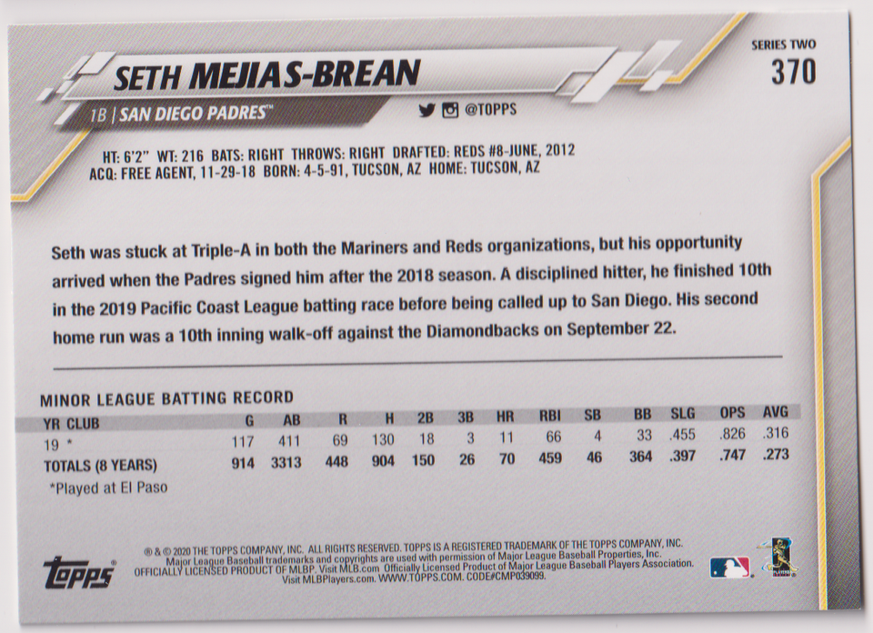 2020 Topps #370 Seth Meijas-Brean RC San Diego Padres | eBay