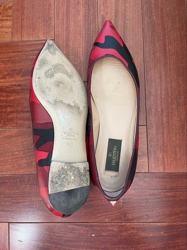 Valentino Red Camouflage Rock Stud Leather Canvas Point Toe Flats Shoes ...