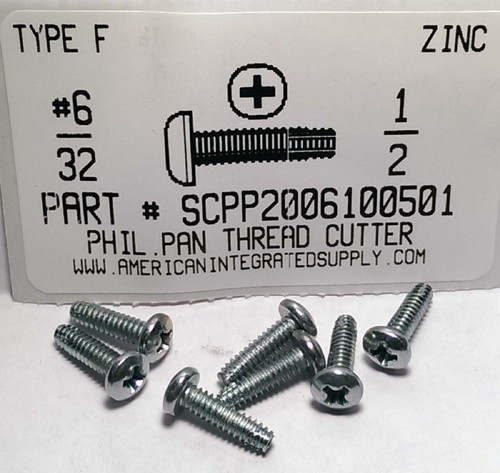 #6-32x1/2 Pan Phillips Thread Cutting Screws Type F Steel Zinc Plated ...