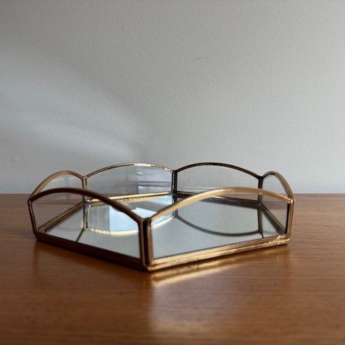 Vintage Hexagonal Glass Mirror Tray Brass Gold Edge Vanity Jewelry ...