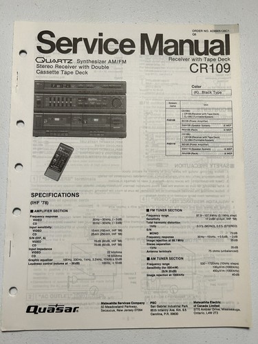 Quasar CR109 Receiver Double Tape Deck Stereo Service Manual Vintage ...