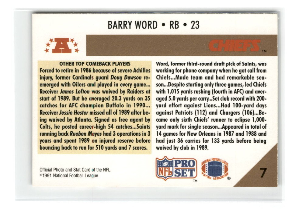 1991 Pro Set - #7 - Barry Word - Kansas City Chiefs | eBay