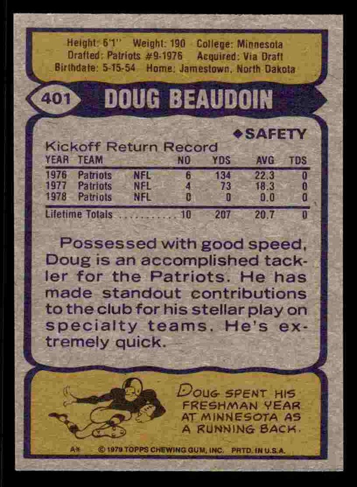 1979 Topps Doug Beaudoin #401 - New England Patriots - NM+ | eBay
