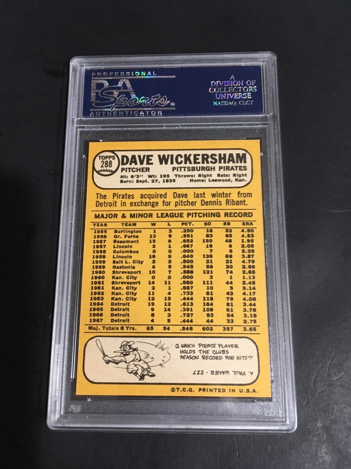 1968 TOPPS DAVE WICKERSHAM, #288, PSA 7 (Free Shipping On Any 3!) | eBay