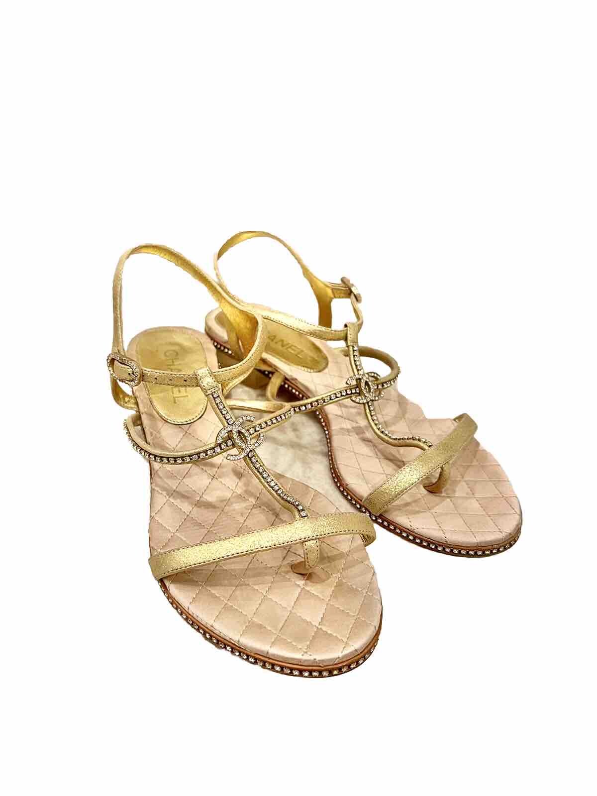 Authentic CHANEL Low Heel Leather Sandals, Gold si… - Gem