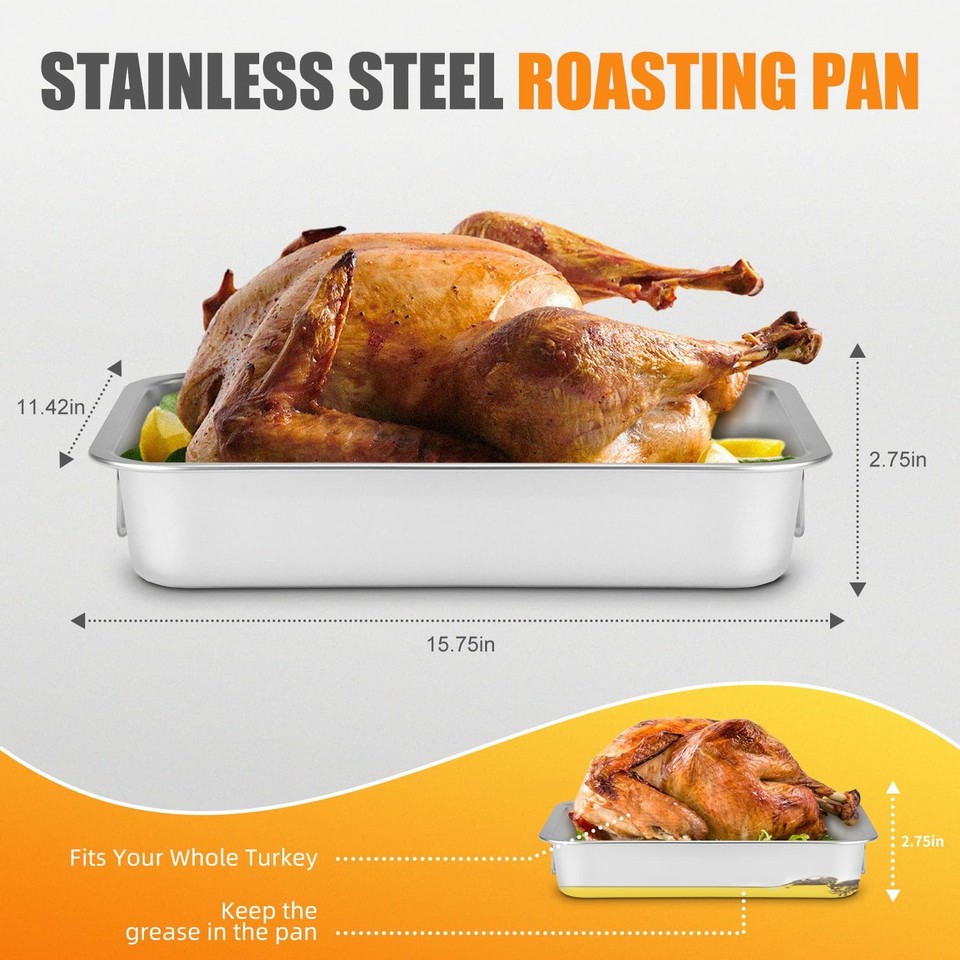 Stainless Steel Turkey Roasting Pan with Rack & Handles, Heavy Duty ...