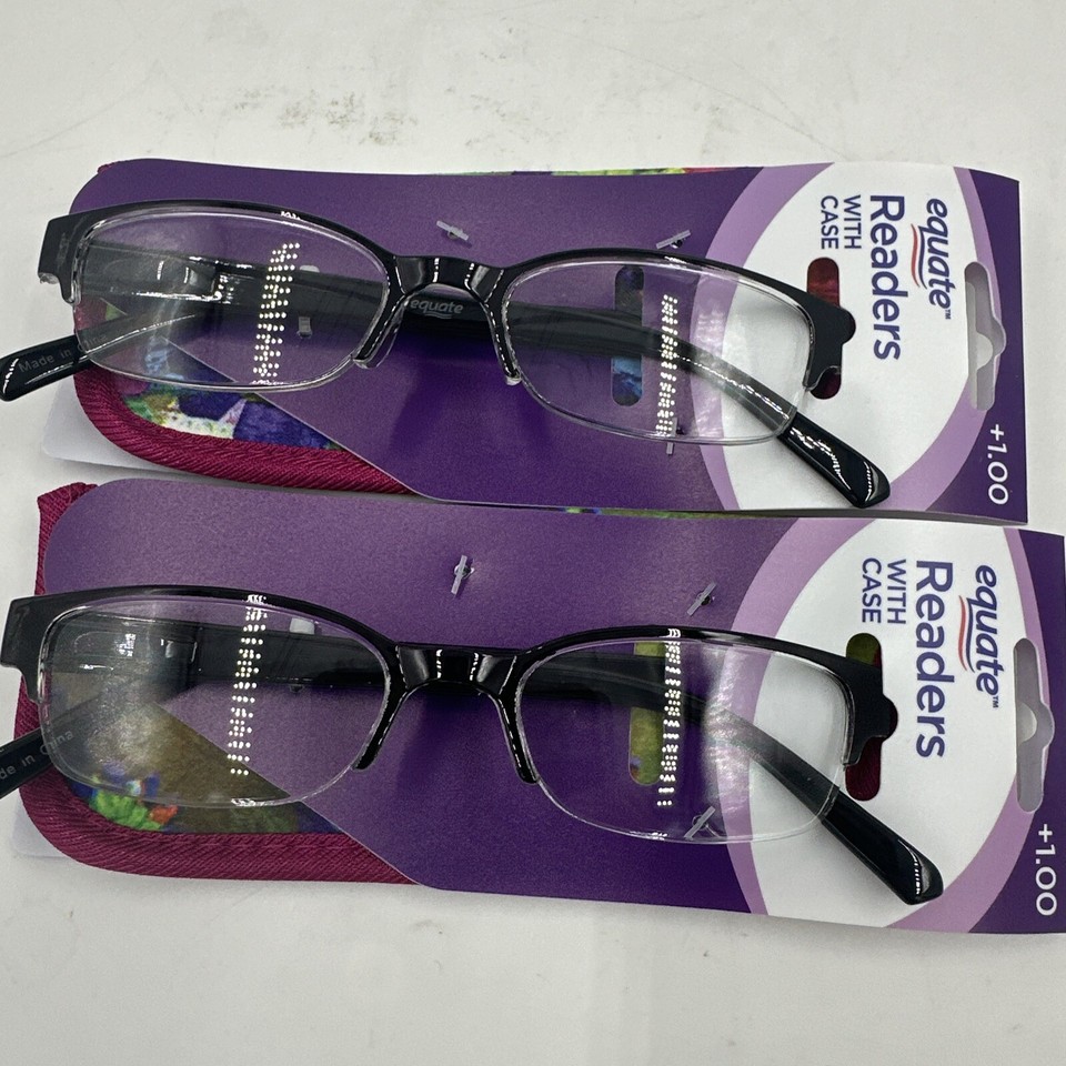 2 Equate Rose Black Readers w Case +1.00 Half Rim Reading Glasses 50 19 ...