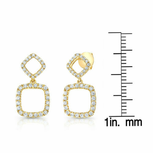 14K Yellow Gold Diamond Square Dangle Drop Earrings Round Cut Natural ...