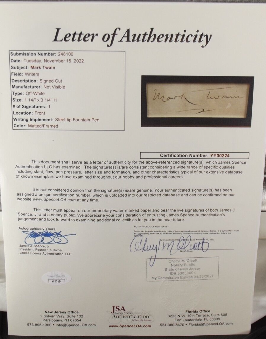 Samuel Clemens Pen Name Mark Twain Iconic Author Autograph JSA ...