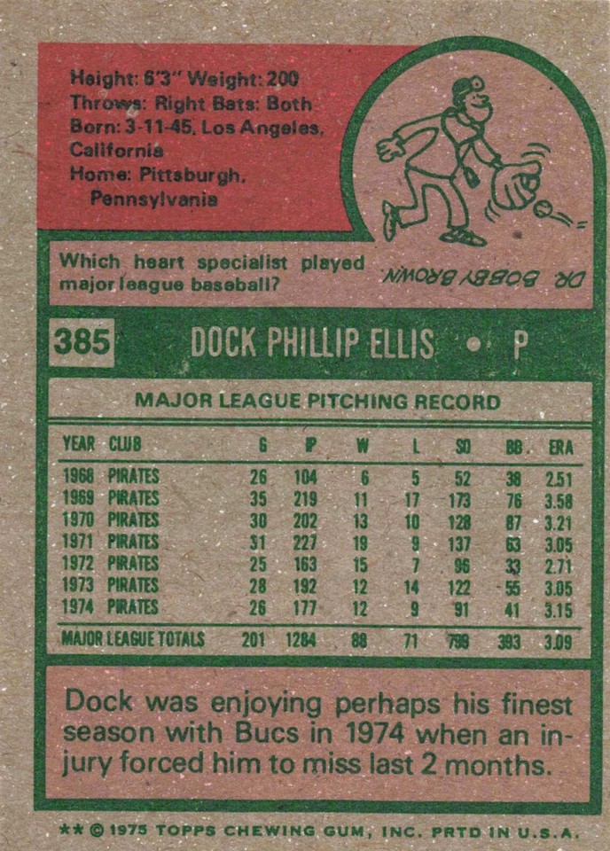 Dock Ellis Pittsburgh Pirates 1975 Topps Baseball Card #385 | eBay