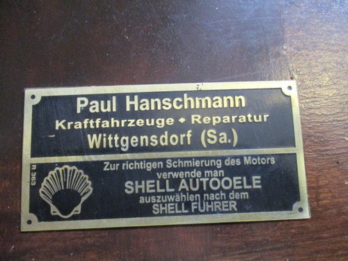 Typenschild Paul Hanschmann Wittgensdorf DKW Wanderer Händler Messing ...