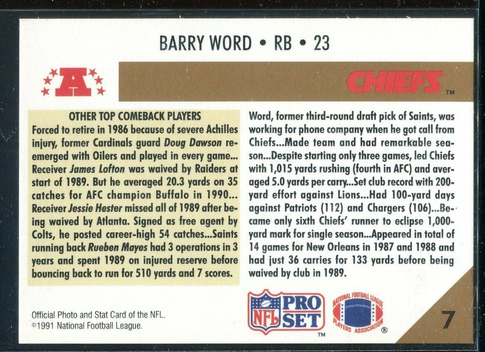 1991 Pro Set Football Barry Word #7 Kansas City Chiefs | eBay