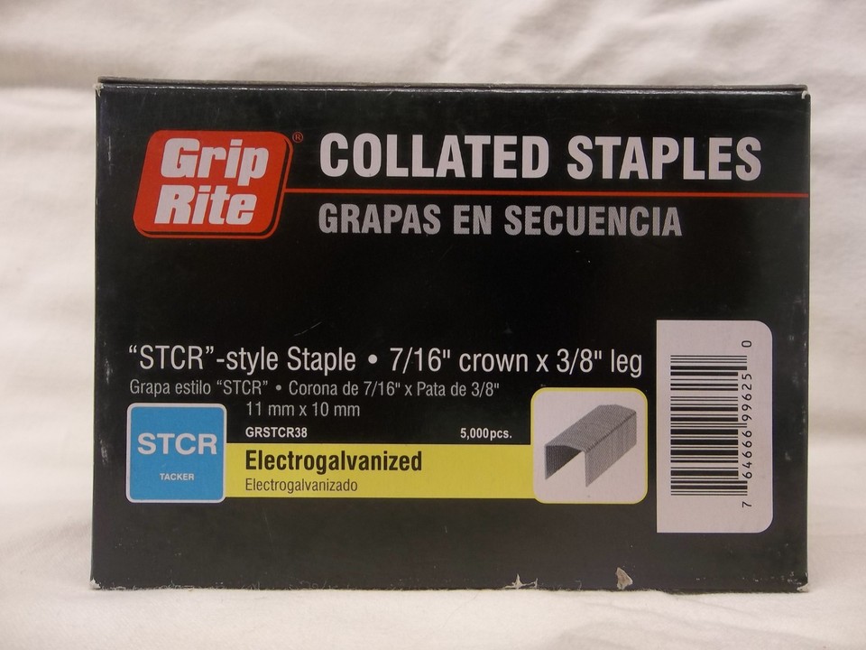 2 BOXES = 10,000 GRIP RITE COLLATED STAPLES STCR STYLE 7/16" CROWN X 3/ ...