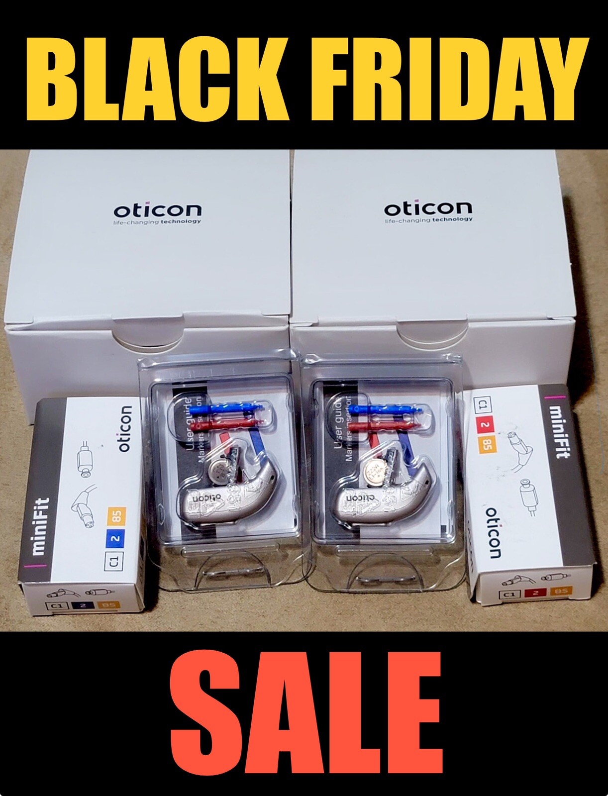 OTICON (L & R) REAL 1 MiniRite RECHARGEABLE COMPLETE SET w/ TV ADAPTER ...