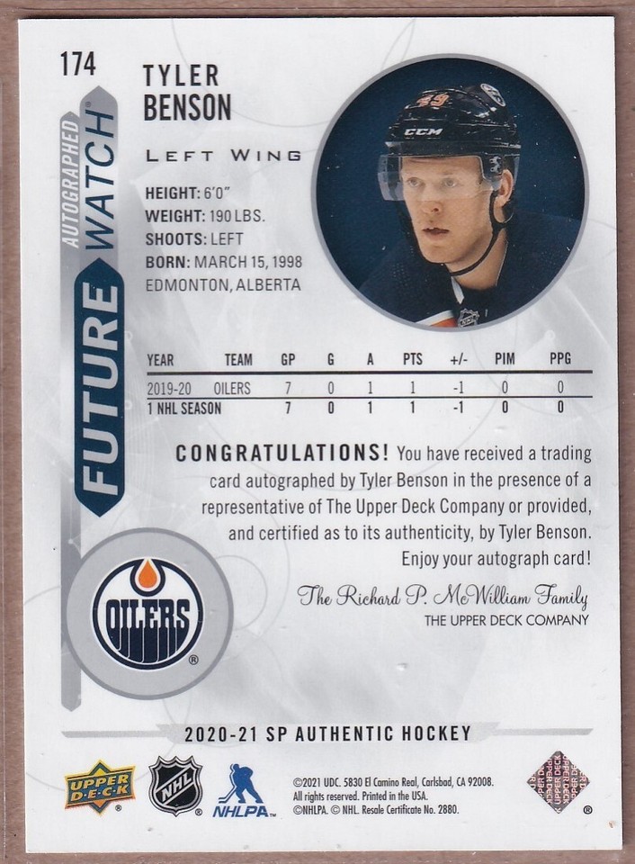 2020-21 SP Authentic Future Watch #174 Tyler Benson RC AUTO /999 ...