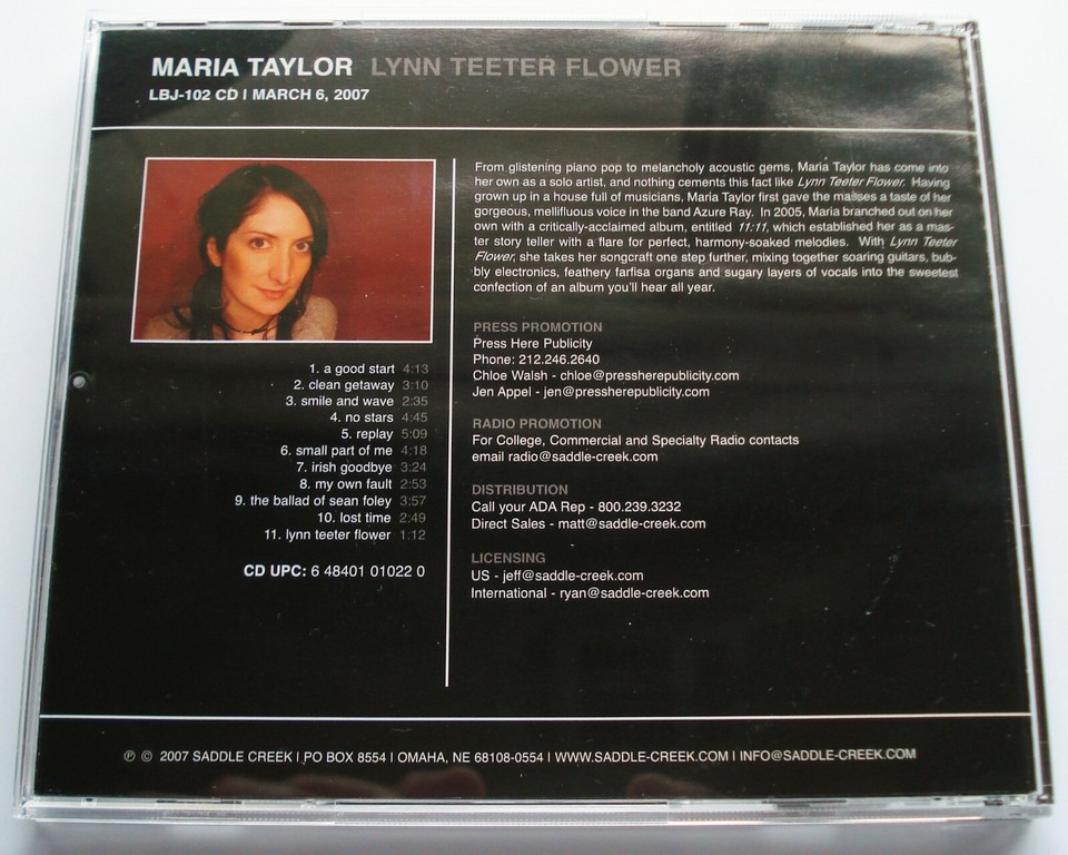 MARIA TAYLOR - LYNN TEETER FLOWER - 2007 SADDLE CREEK PROMO - CD - LIKE ...