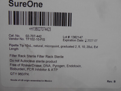 FisherBrand 02-707-442 Sure One Pipette Tips 10µl 10pks of 96 tips ...