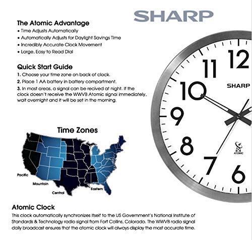 Sharp Atomic Analog Wall Clock - 12" Silver Brushed Finish - Sets ...