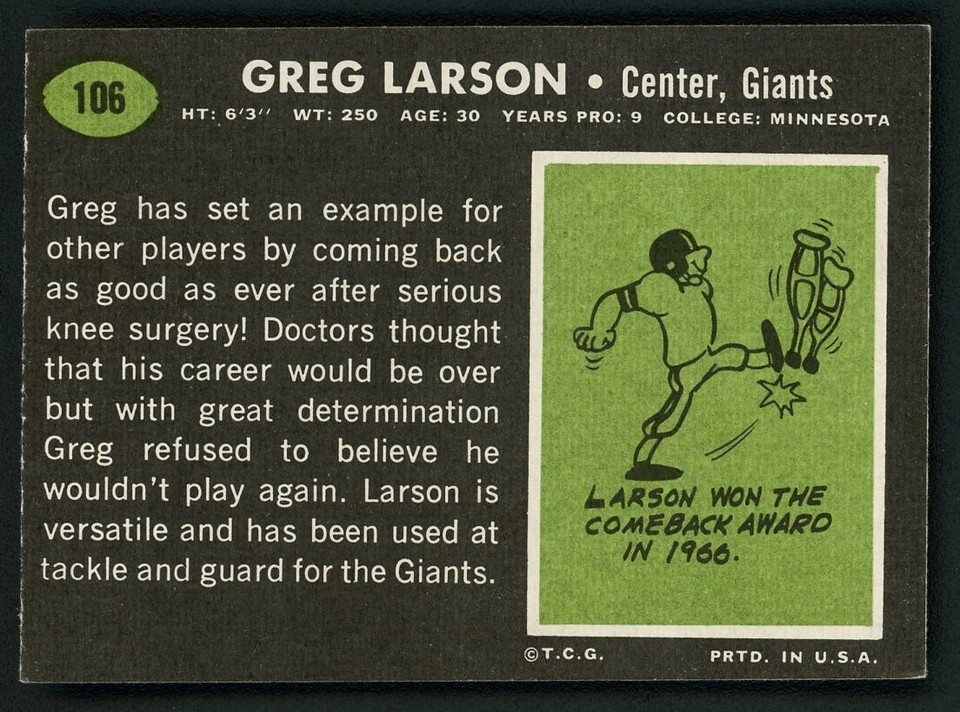 1969 Topps Greg Larson AUTOGRAPHED#106 NFL New York Giants Football ...