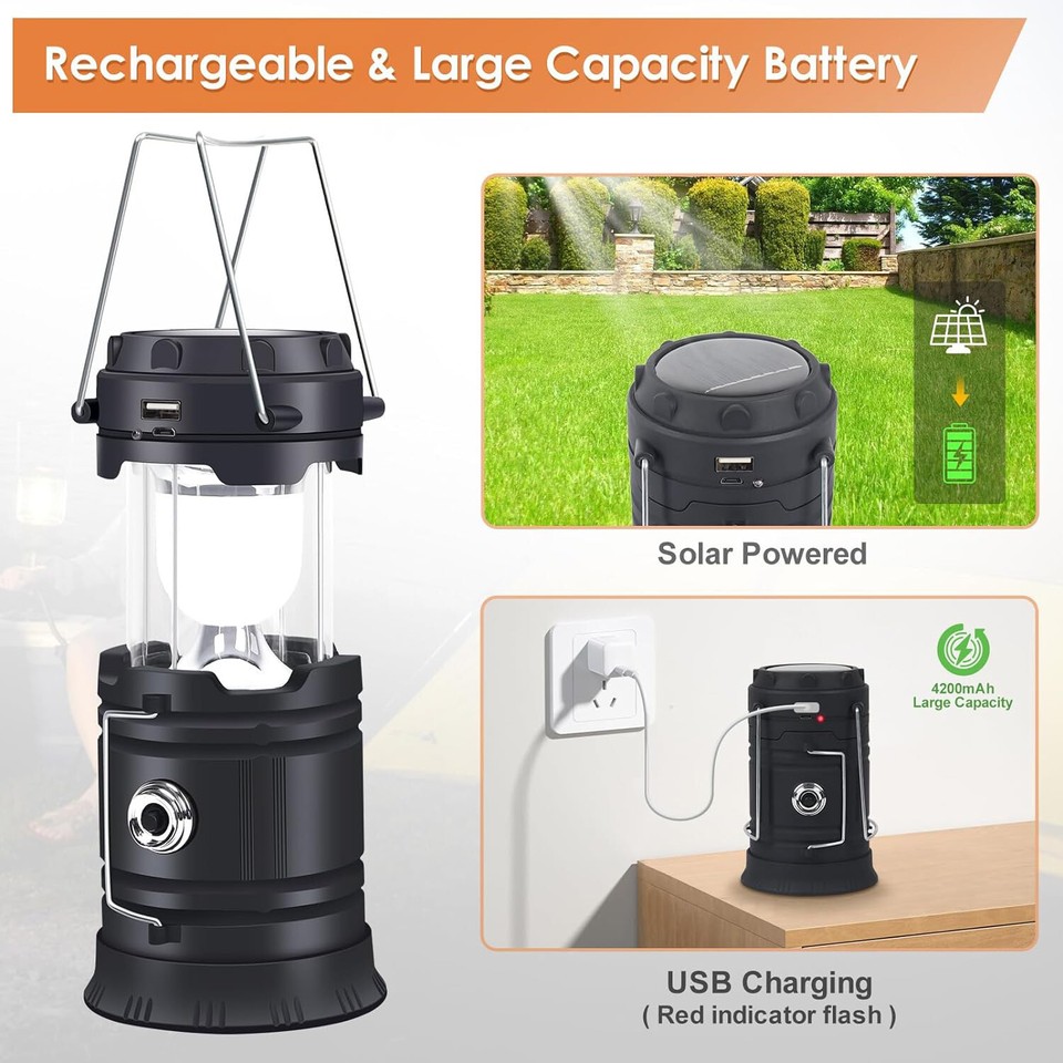 Solar Portable Rechargeable LED Camping Lantern Flashlight Torch Lamp ...