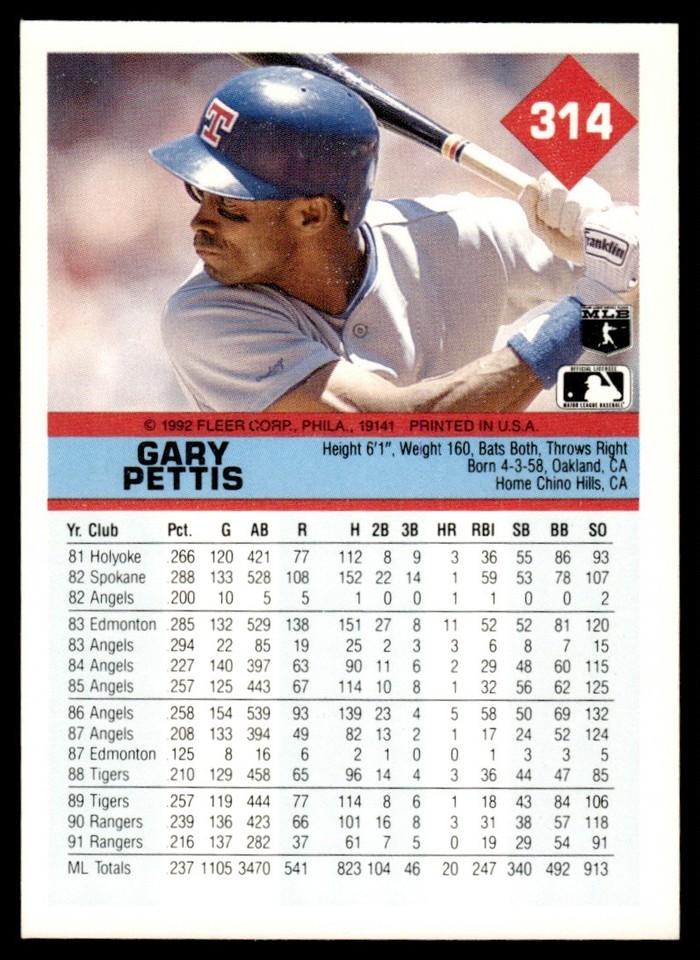 1992 FLEER GARY PETTIS #314 TEXAS RANGERS 411 | eBay